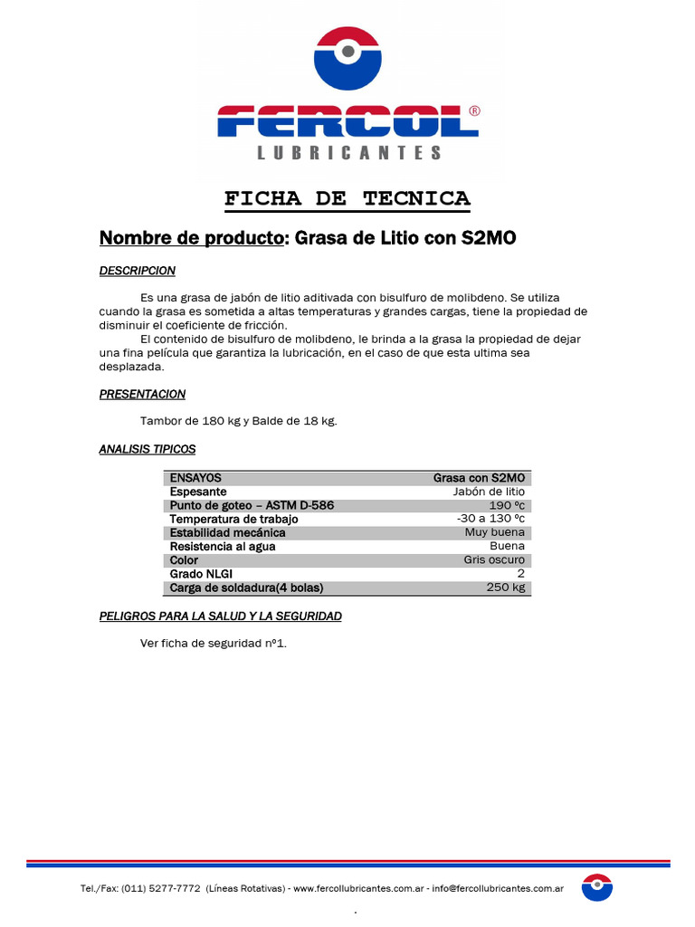 Ficha Tecnica Grasa de Litio Con S2MO | PDF