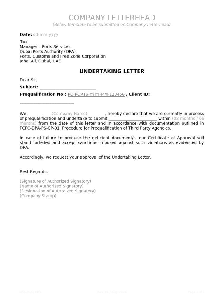 DPA-PS-CF01e, Letter of Undertaking | PDF