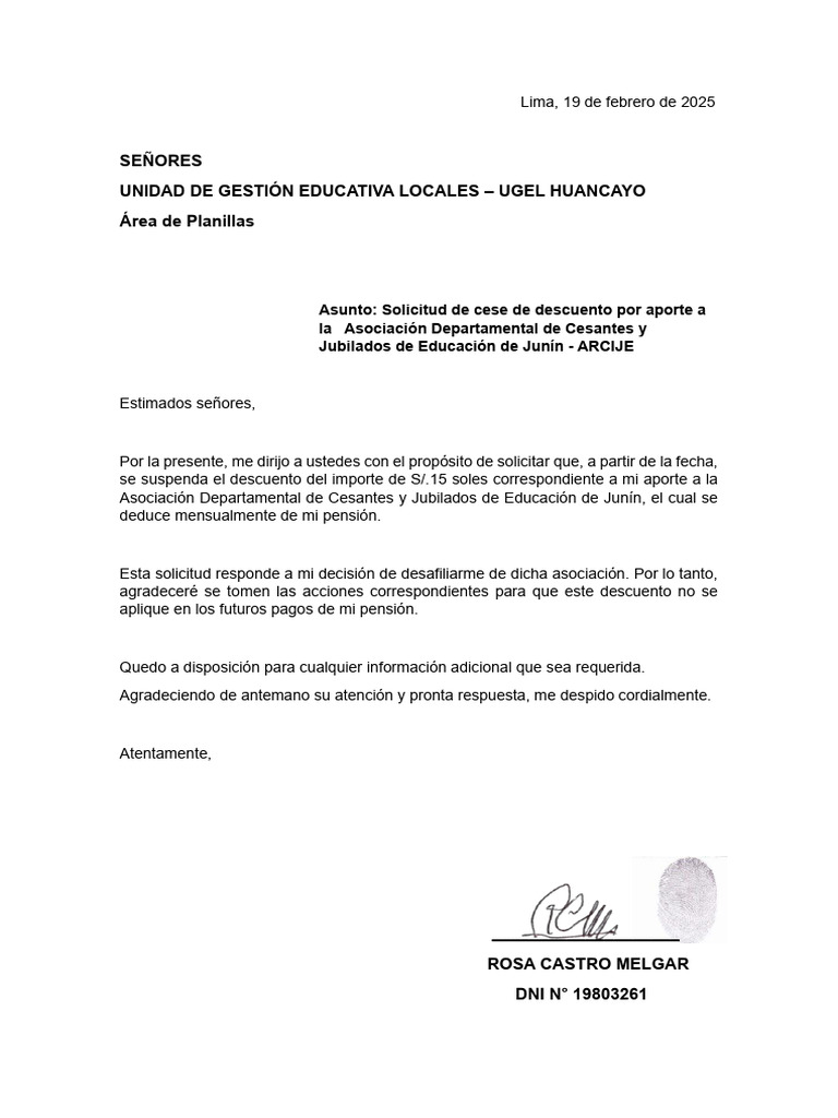 SOLICITUD DE CESE DE DESCUENTO DE ARCIJE | PDF
