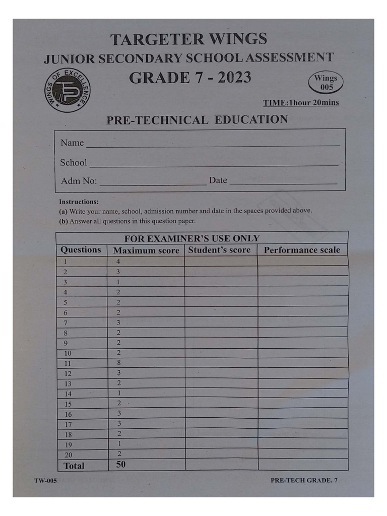 Grade 7 Pretechnical Education Targeter 005 Exam | PDF