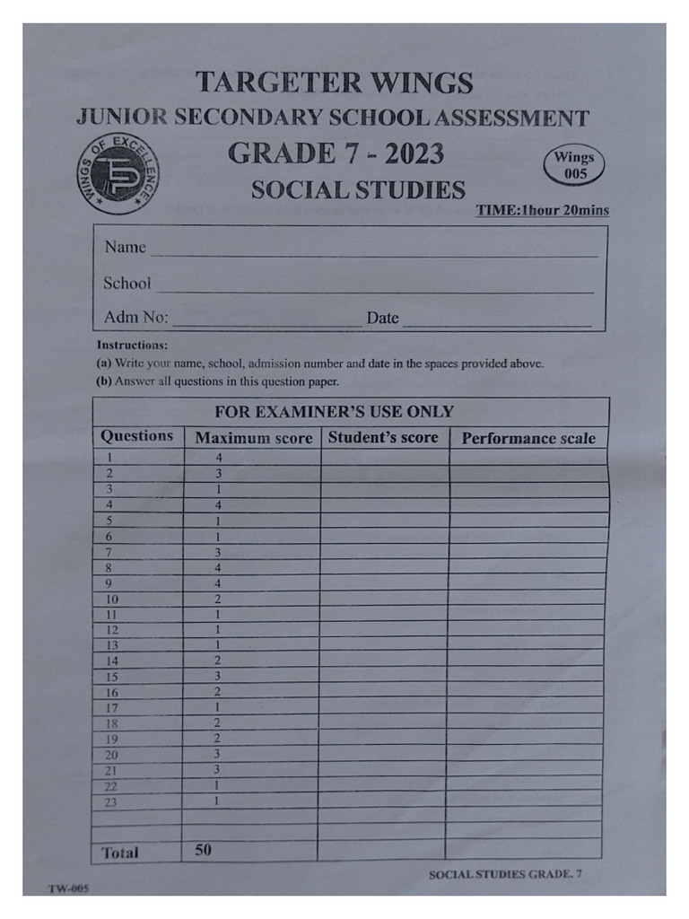 Grade 7 Social Science Targeter 005 Exam | PDF