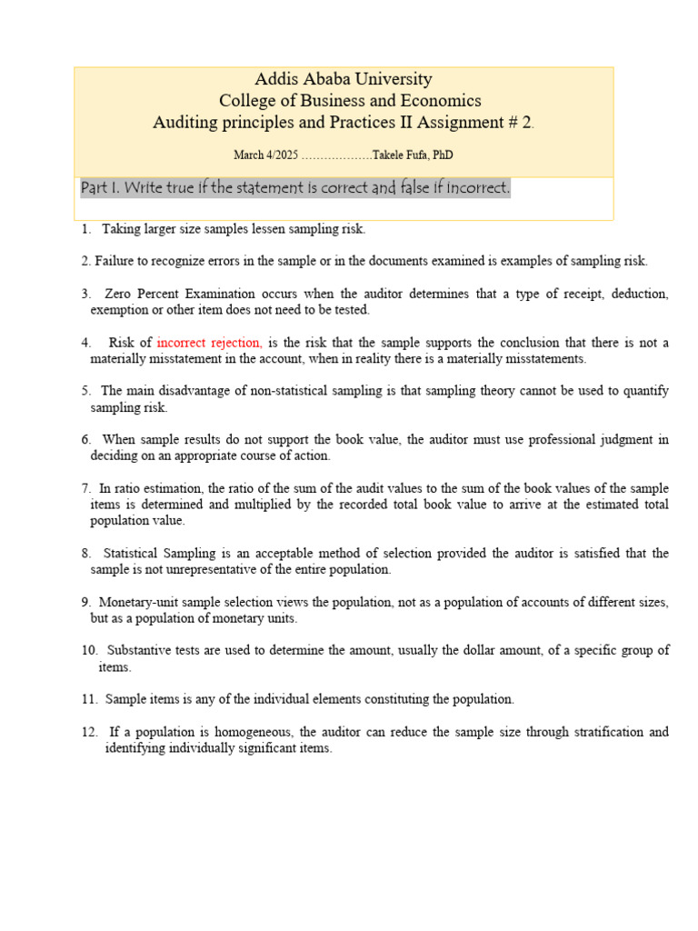Auditing Principles and Practices II Assignment # 2 | PDF | Audit | Sampling (Statistics)