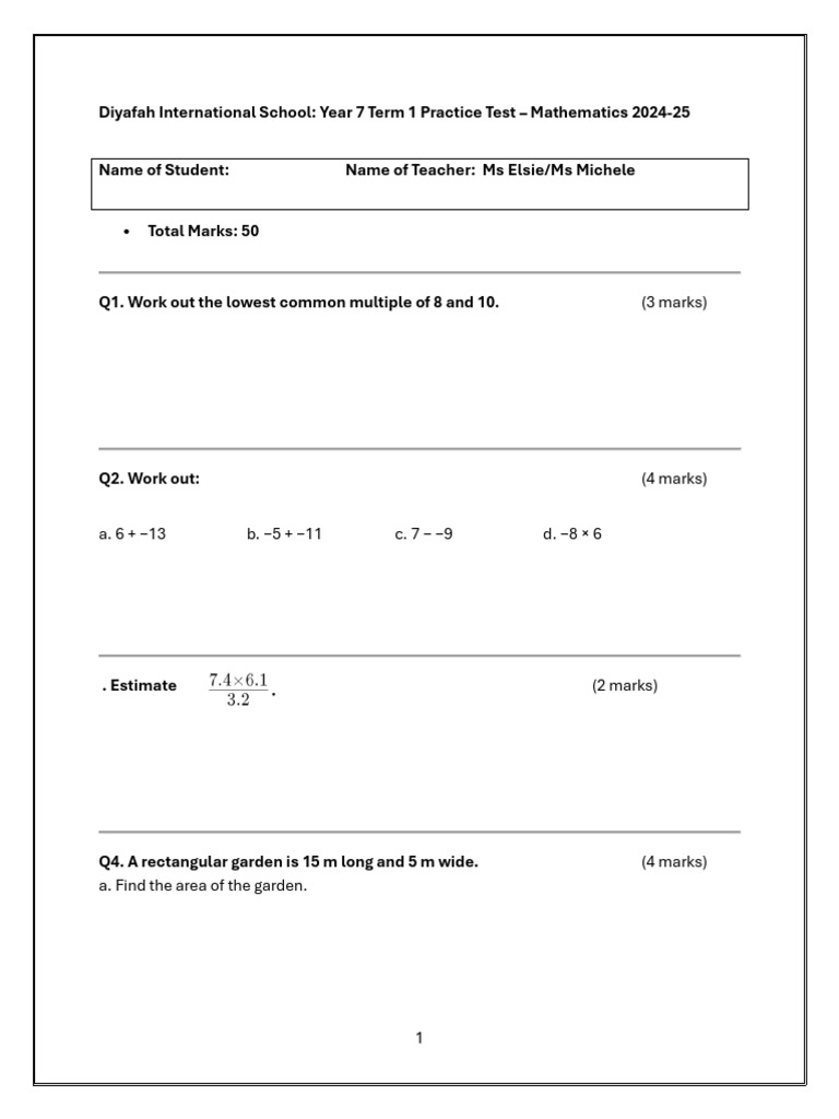 Diyafah International School Year 7 Term 1 Practice Test Mathematics ...