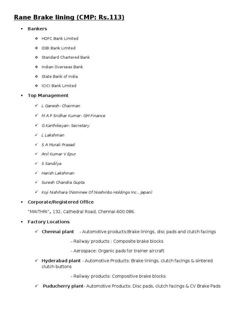 Rane Brake Lining Factsheet | PDF | Brake | Stocks