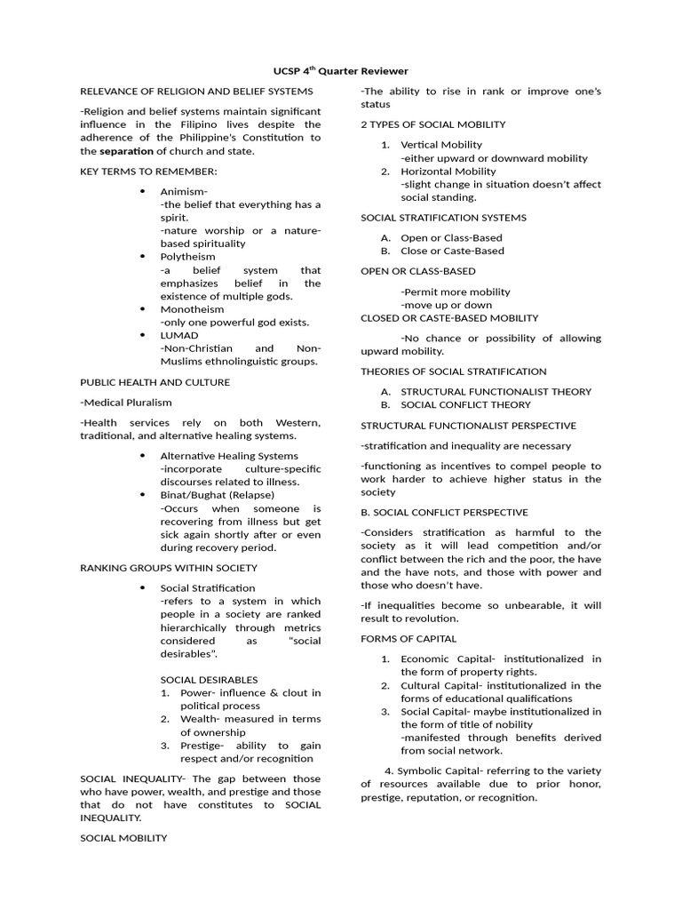 UCSP 4th Quarter Reviewer | PDF | Social Inequality | Discrimination & Race Relations