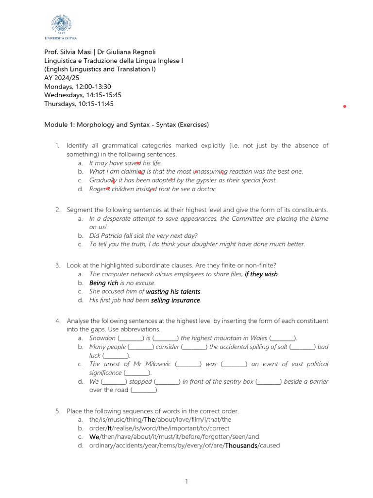 Syntax - Class Exercises | PDF | Syntax | Linguistics