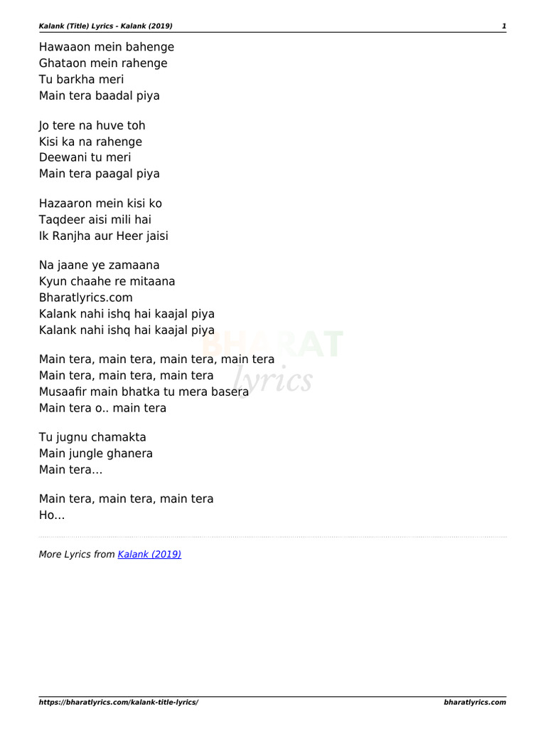 Kalank Title Lyrics | PDF