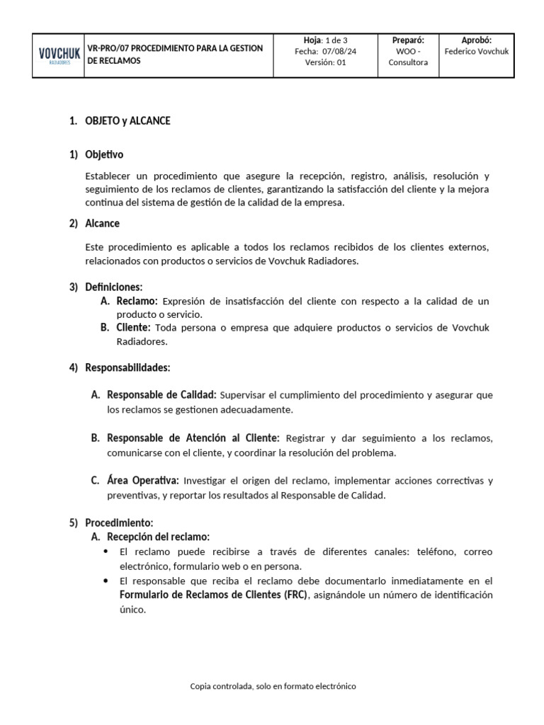 Gestión de Reclamos en Vovchuk Radiadores | PDF | Calidad (comercial ...