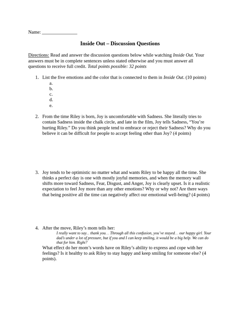 Inside Out Discussion Questions-1 | PDF | Behavioural Sciences ...