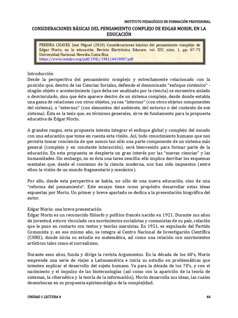 Consideraciones Básicas Del Pensamiento Complejo de Edgar Morin, en La Educación | PDF ...