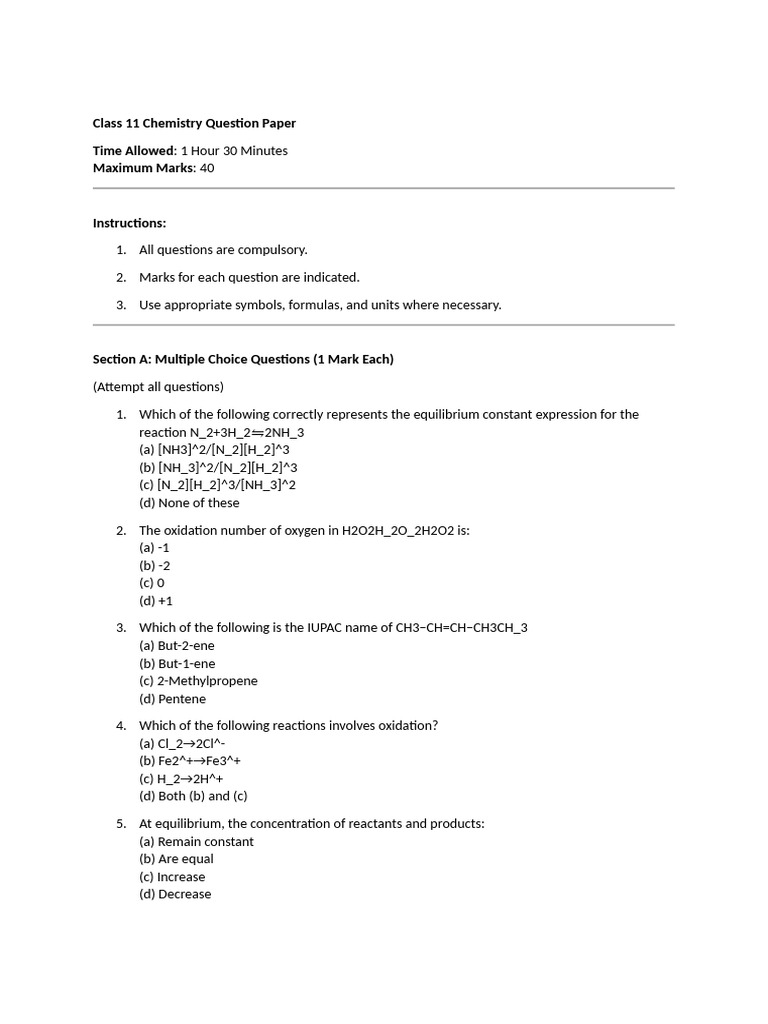 Class 11 Chemistry Question Paper | PDF | Chemical Equilibrium ...