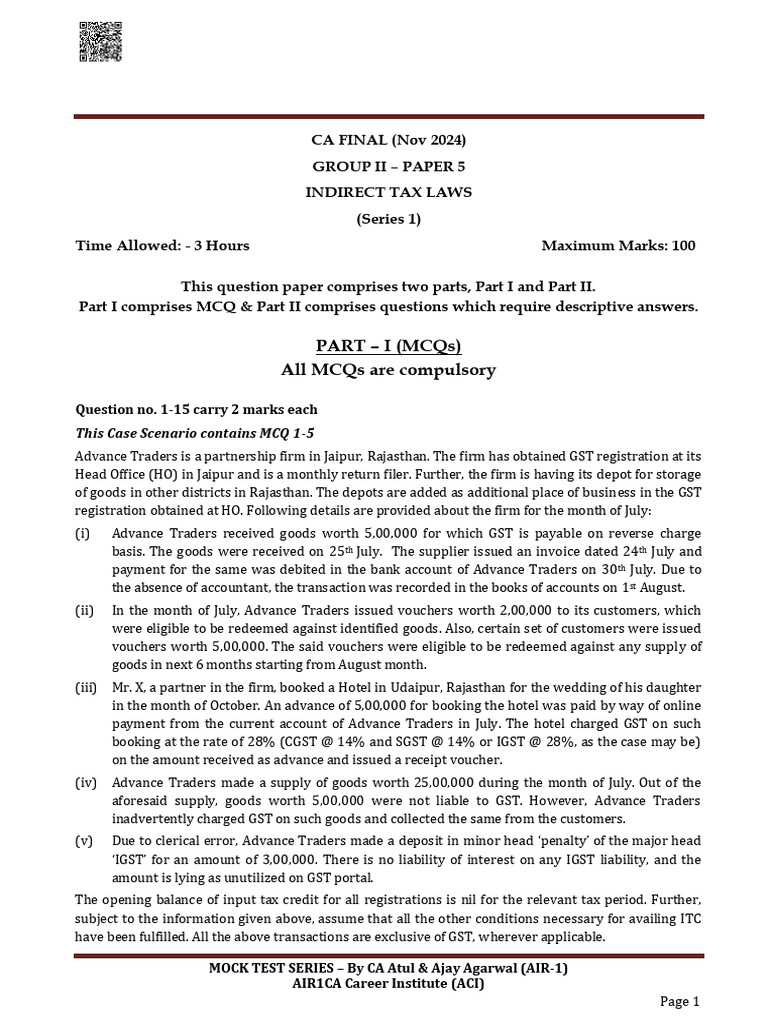 CA Final Indirect Tax Laws Mock Test | PDF | Value Added Tax | Taxes