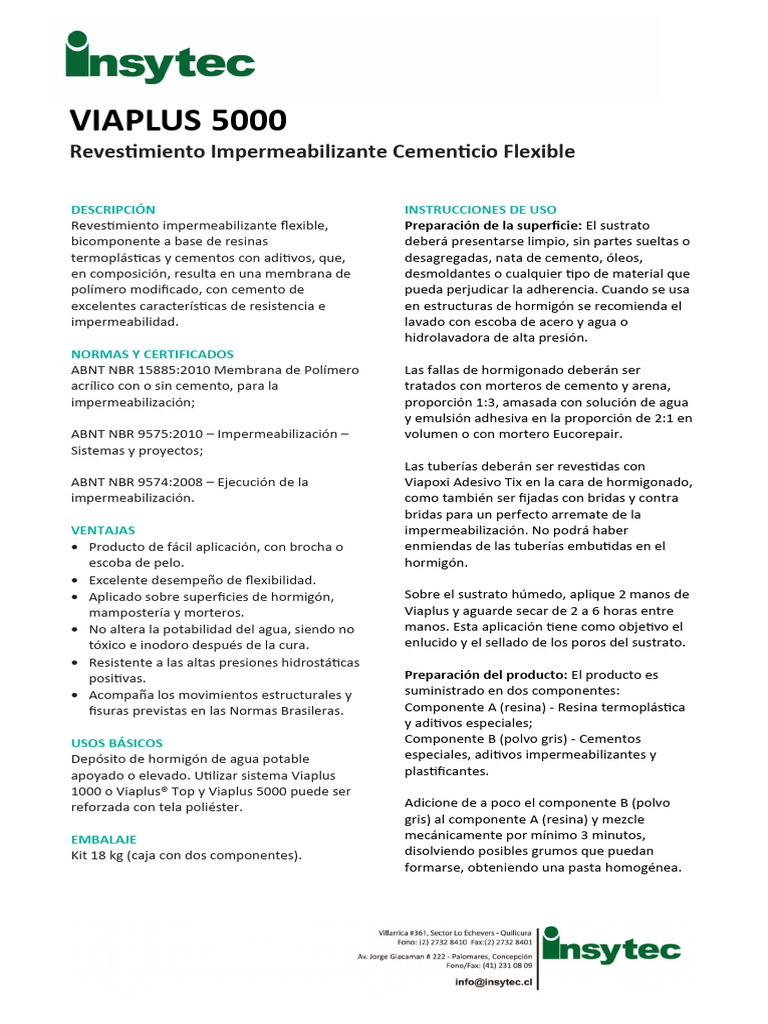 Ficha Tecnica Viaplus 5000 Insytec | PDF | Hormigón | Agua