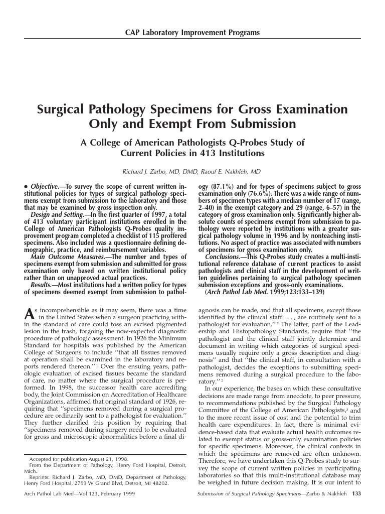 Pathology Specimens For Gross Exam Only and Exempt From Submission A ...