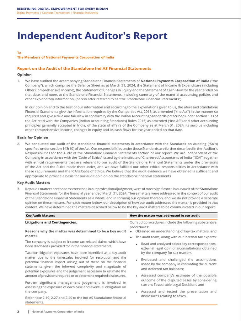 Auditor's Report on NPCI Financials 2024 | PDF | Audit | Going Concern