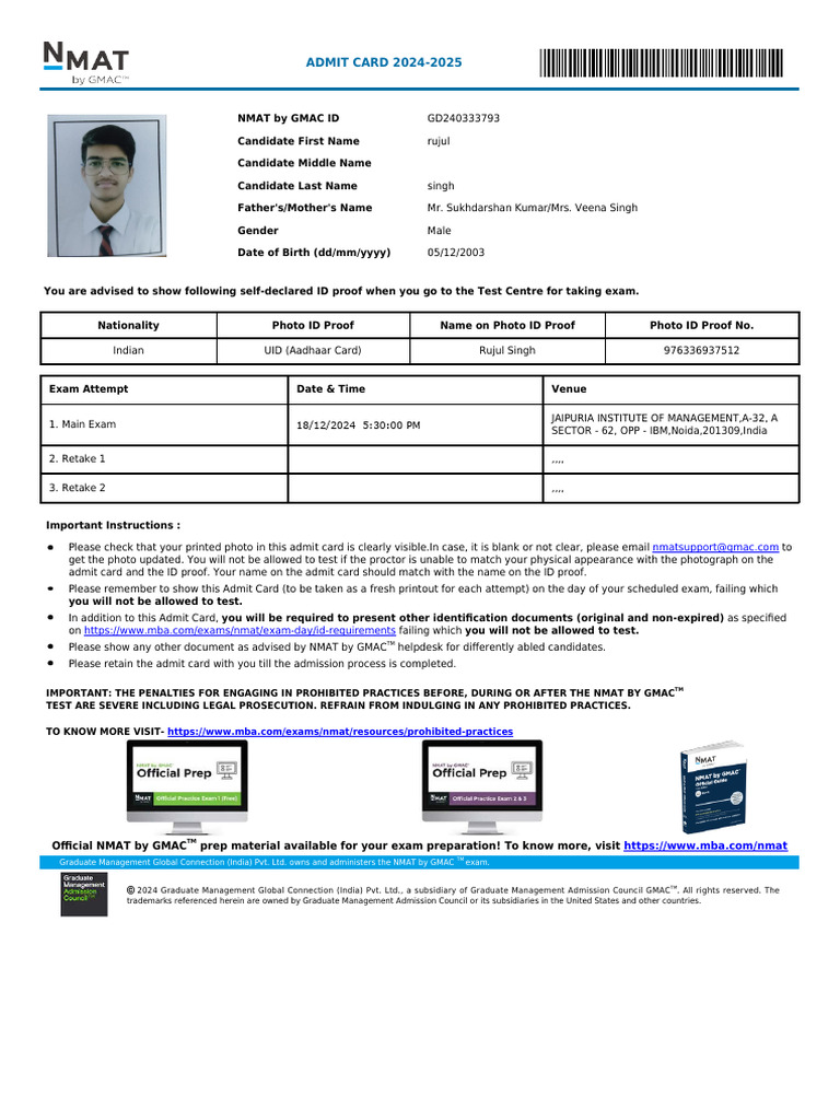 nmat admit card 2024 1 | PDF | Authentication