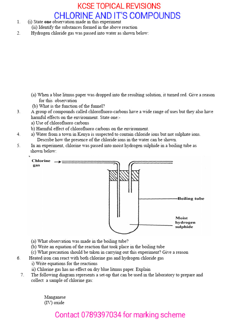 Form 3 Chlorine and Its Compounds Questions | PDF | Chlorine | Chemical ...