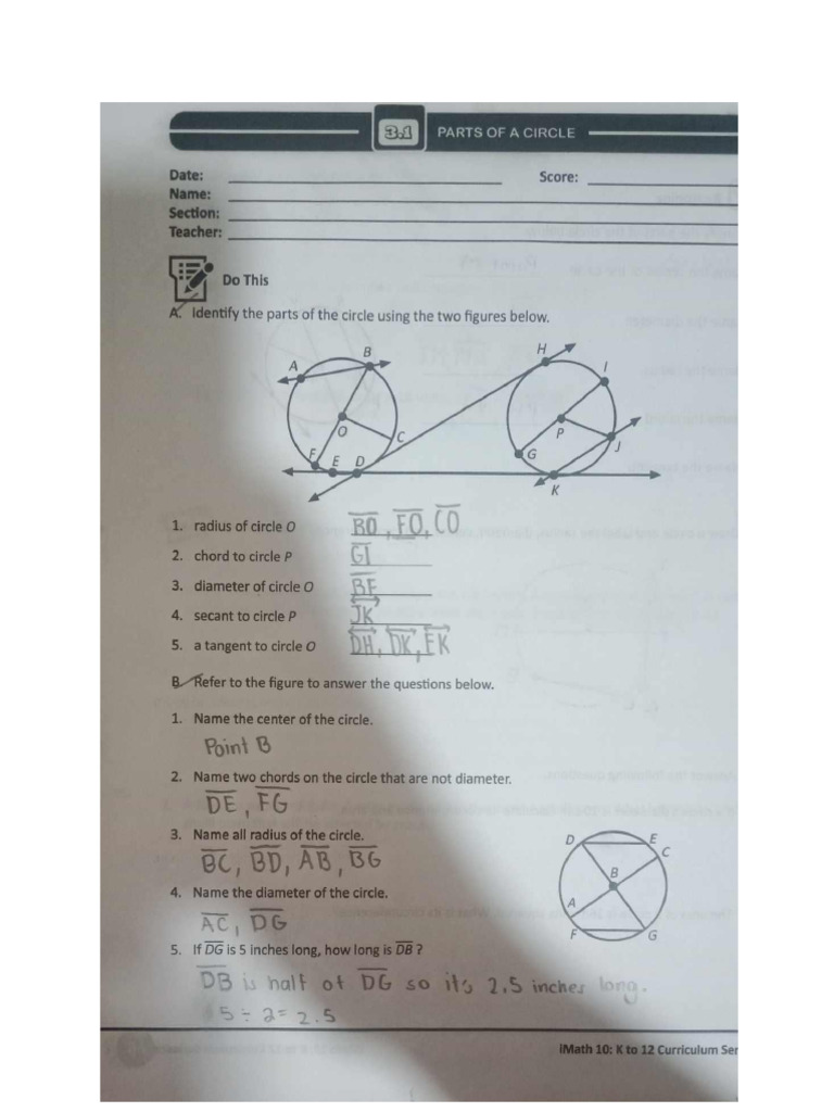 Activity 1 - Parts of A Circle Part 1 | PDF