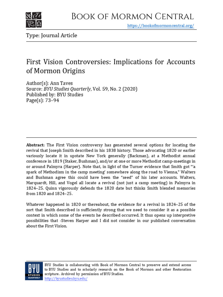 Byus 59.2 First Vision Controversy 2020 73-94 | PDF | Joseph Smith ...