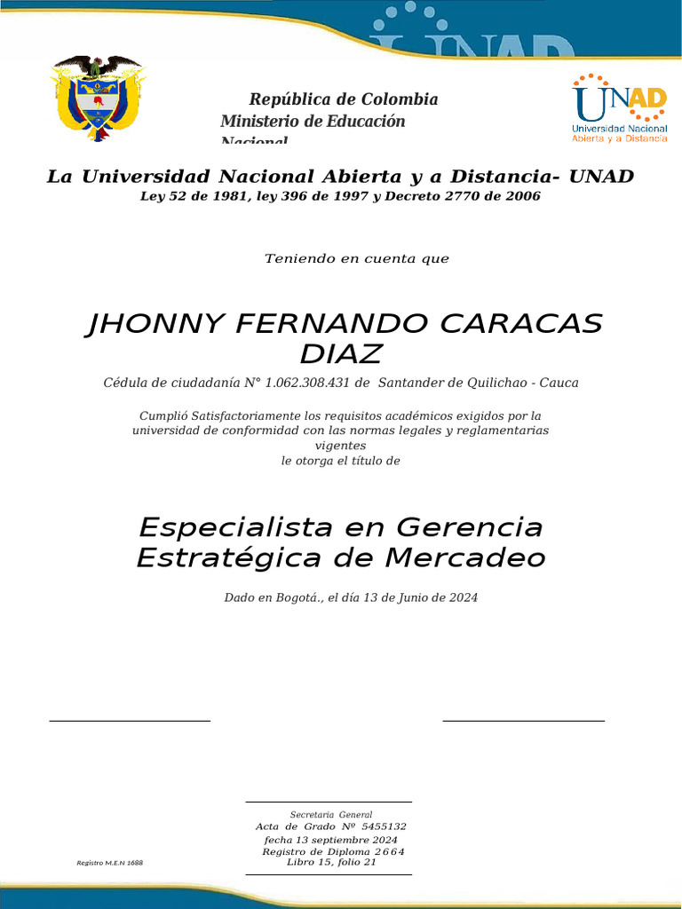 Diploma Jhonny Fernando Unad | PDF