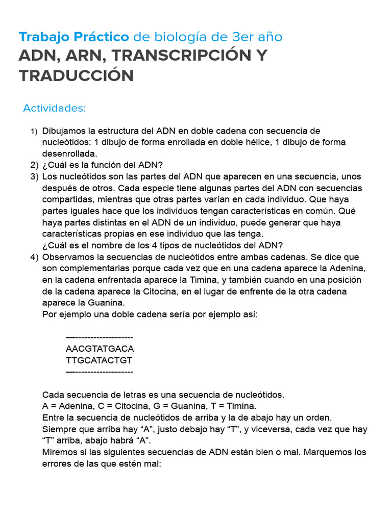 TP Adn, Arn, Transcripción y Traducción | PDF | Adn | Rna
