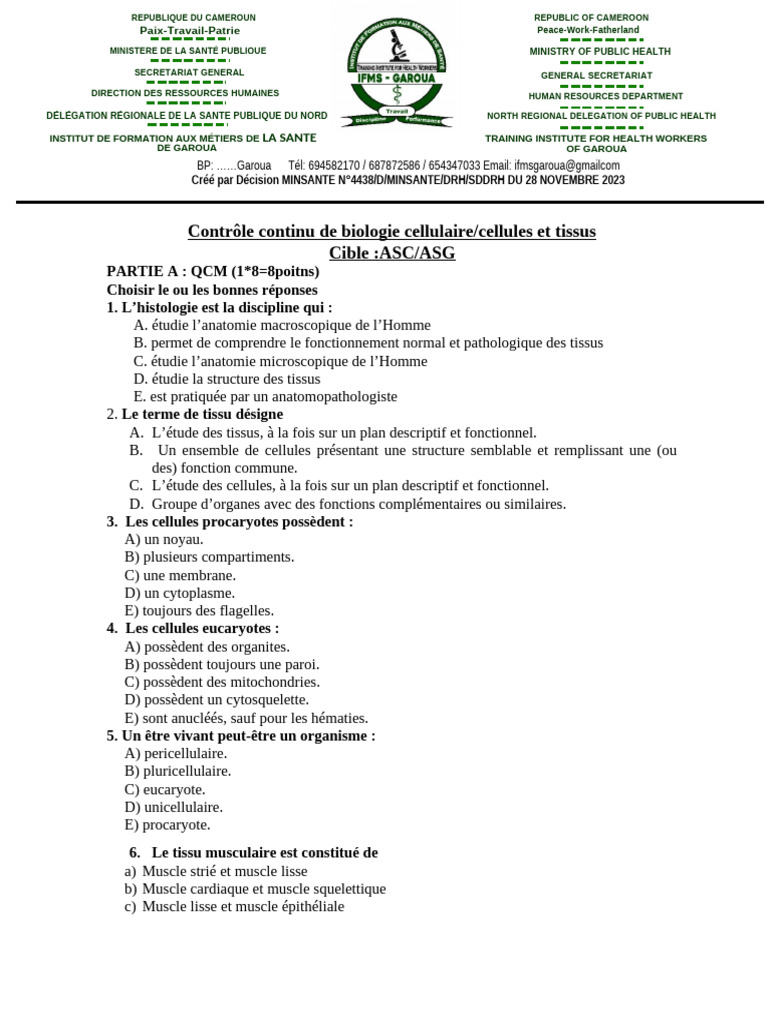 Contrôle continu en biologie cellulaire | PDF | Cellule (Biologie) | Muscle