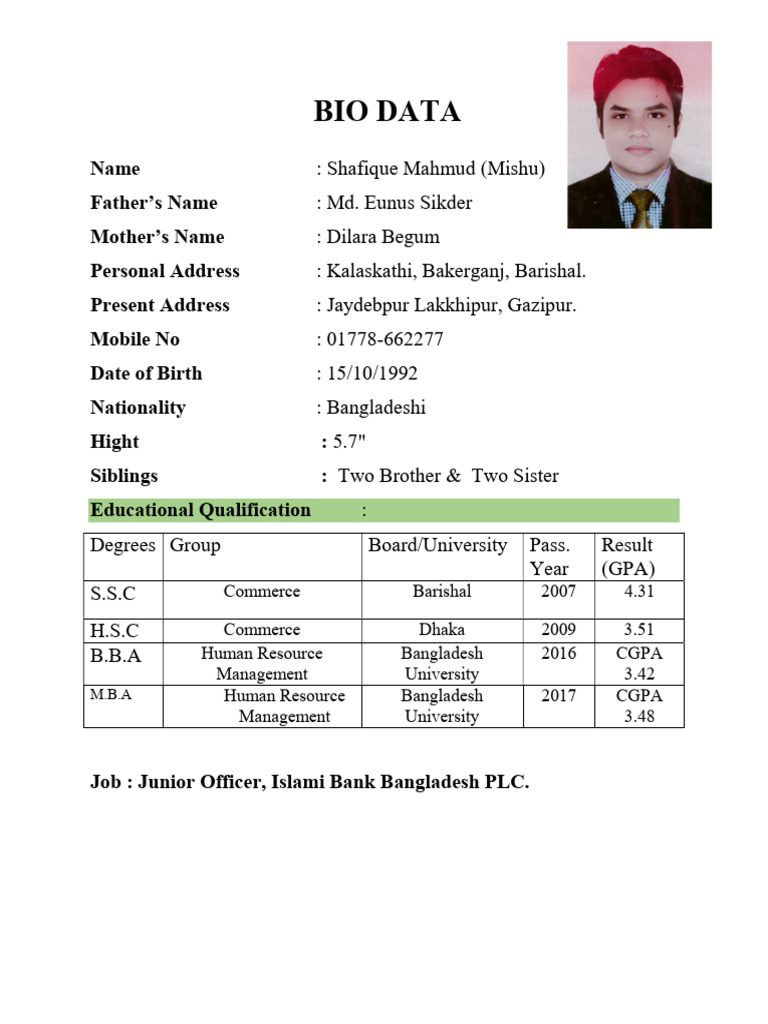 Shafique Mahmud's Bio Data Summary | PDF