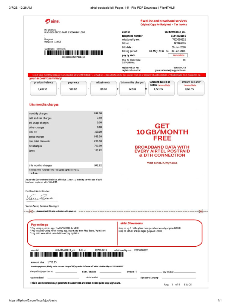 Airtel Postpaid Bill PDF Download | PDF