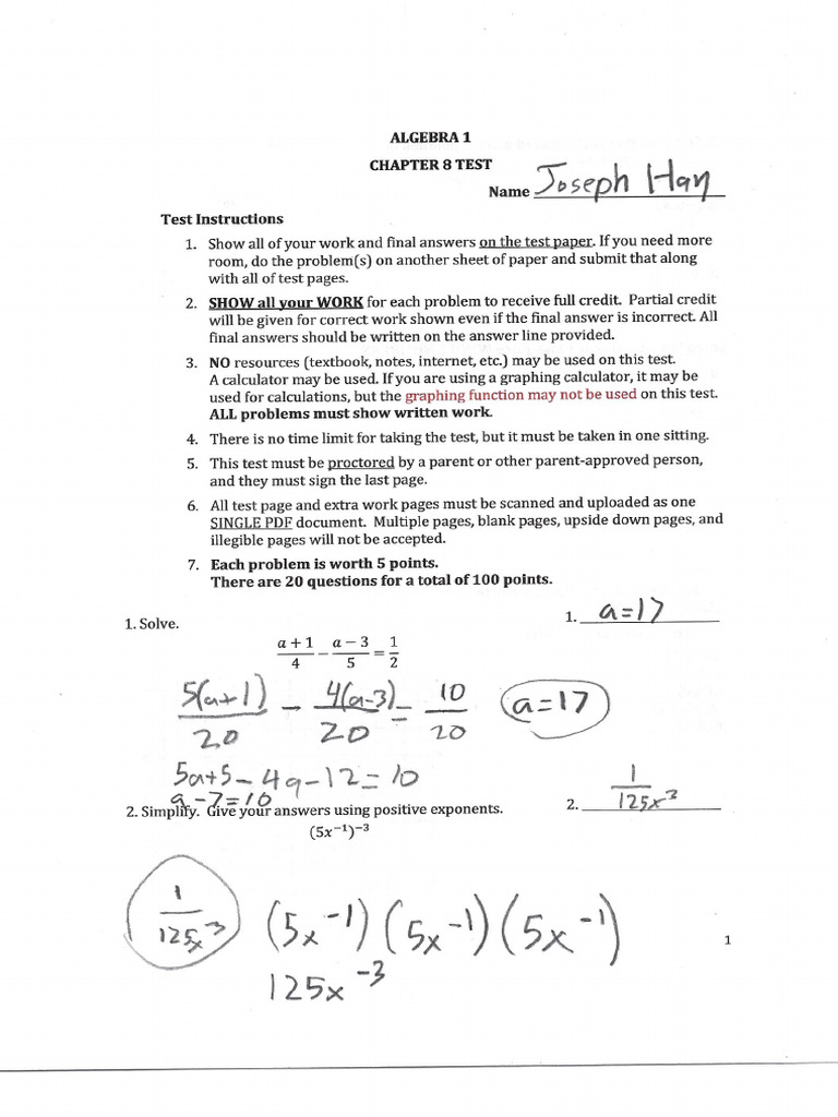 Joseph Han Algebra 1 Ch. 8 Test | PDF