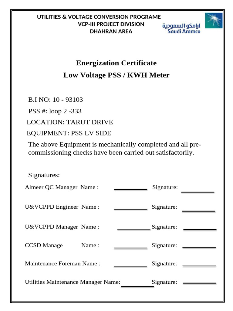 LV Panel Energization Form - L2 333 | PDF