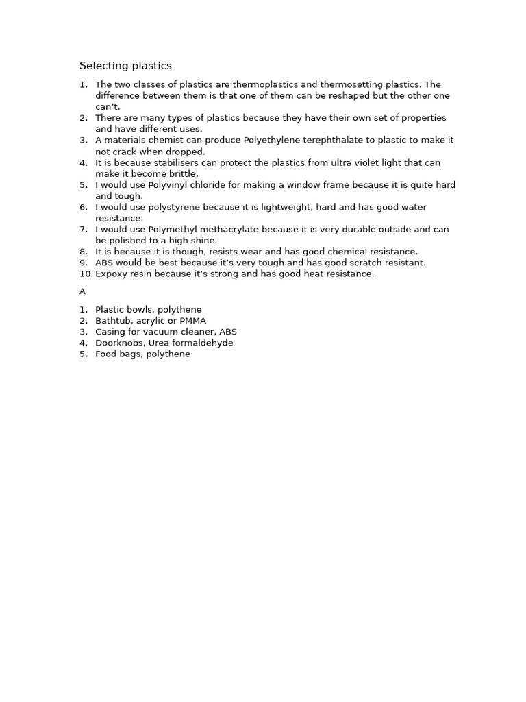 Selecting plastics worksheet | PDF