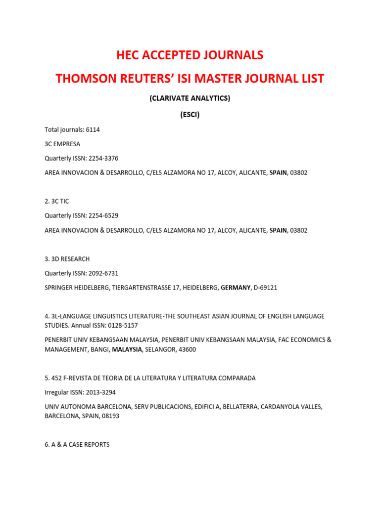 Hec, Thomson Reuters' Isi Master Journal List (Esci) PDF | PDF