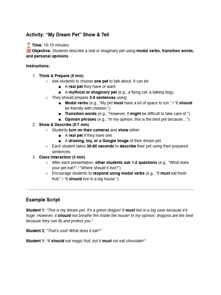 Activity - "My Dream Pet" Show & Tell | PDF
