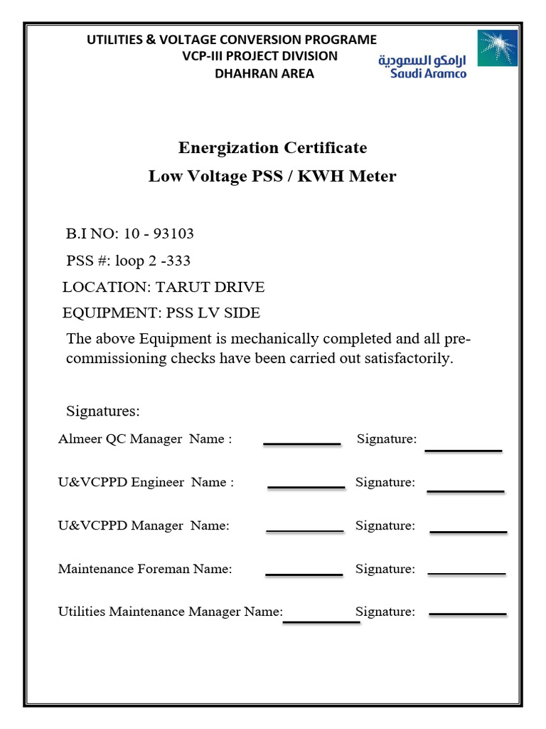 Energization Certificate for Low Voltage PSS | PDF