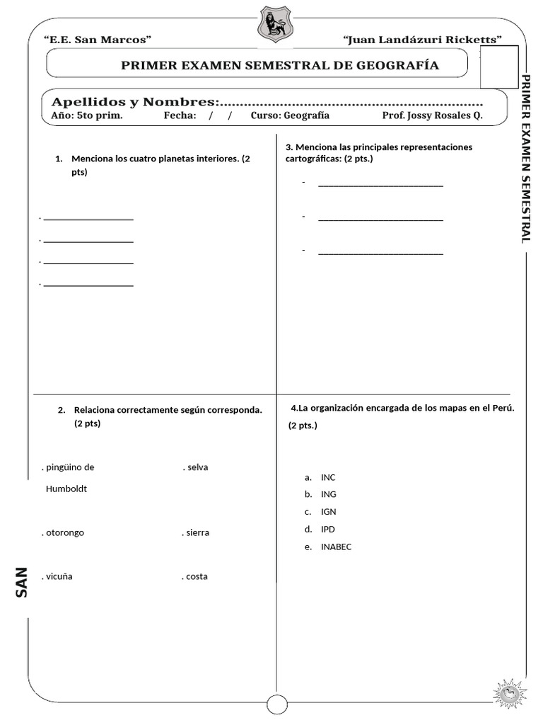 Examen Semestral de Geografía 5to Primaria | PDF | Ciencias Naturales ...