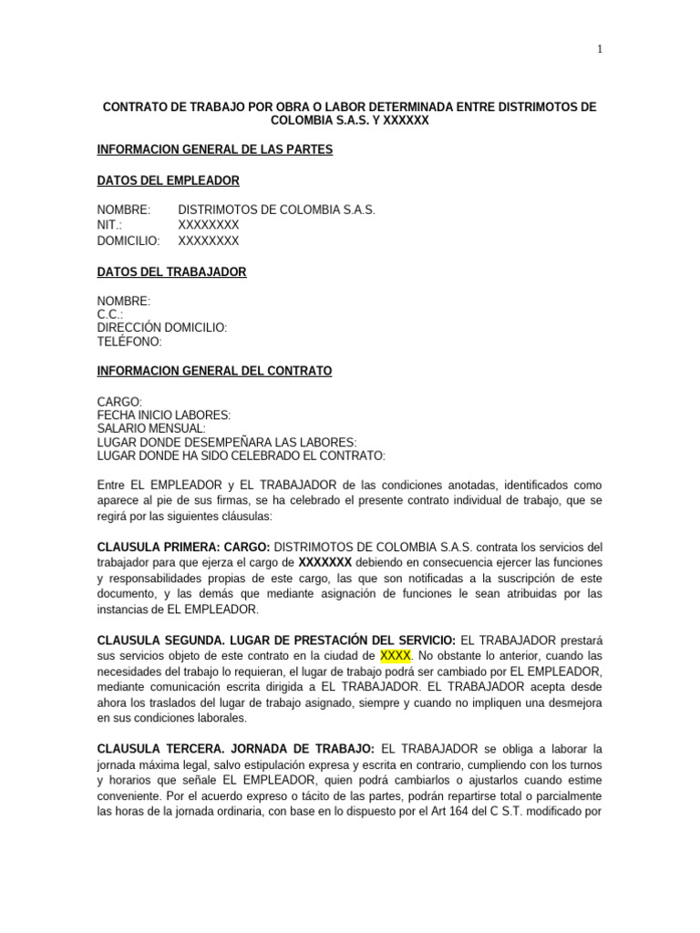 Contrato de Trabajo Por Obra o Labor Distrimotos | PDF | Derecho laboral | Salario