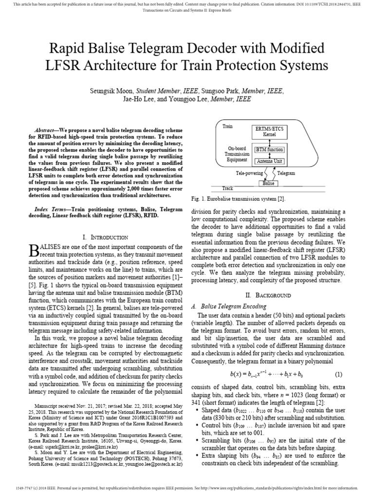 Rapid Balise Telegram Decoder with Modified LFSR Architecture for Train ...