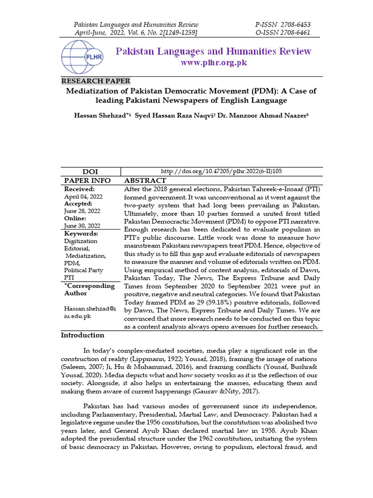 Mediatization of Pakistan Democratic Movement (PDM) A Case of Leading ...