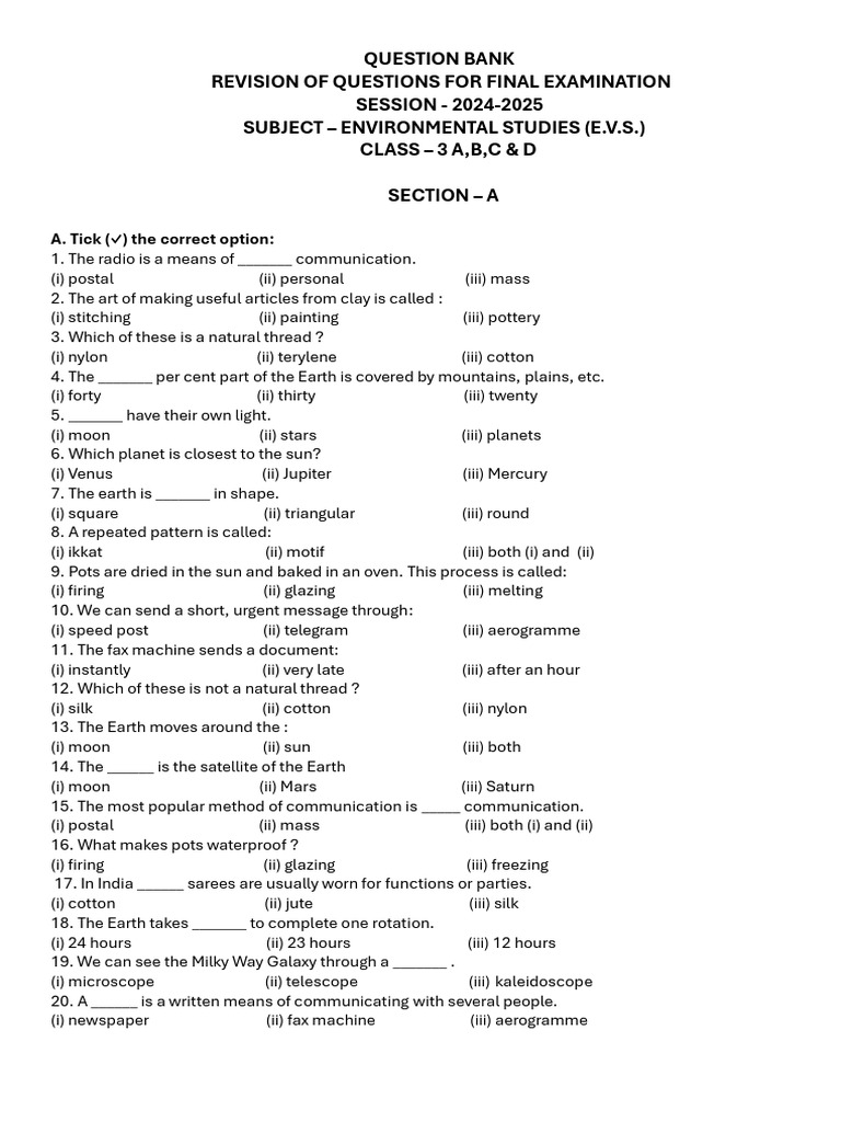 Question Bank Class 3 Evs | PDF | Earth | Pottery