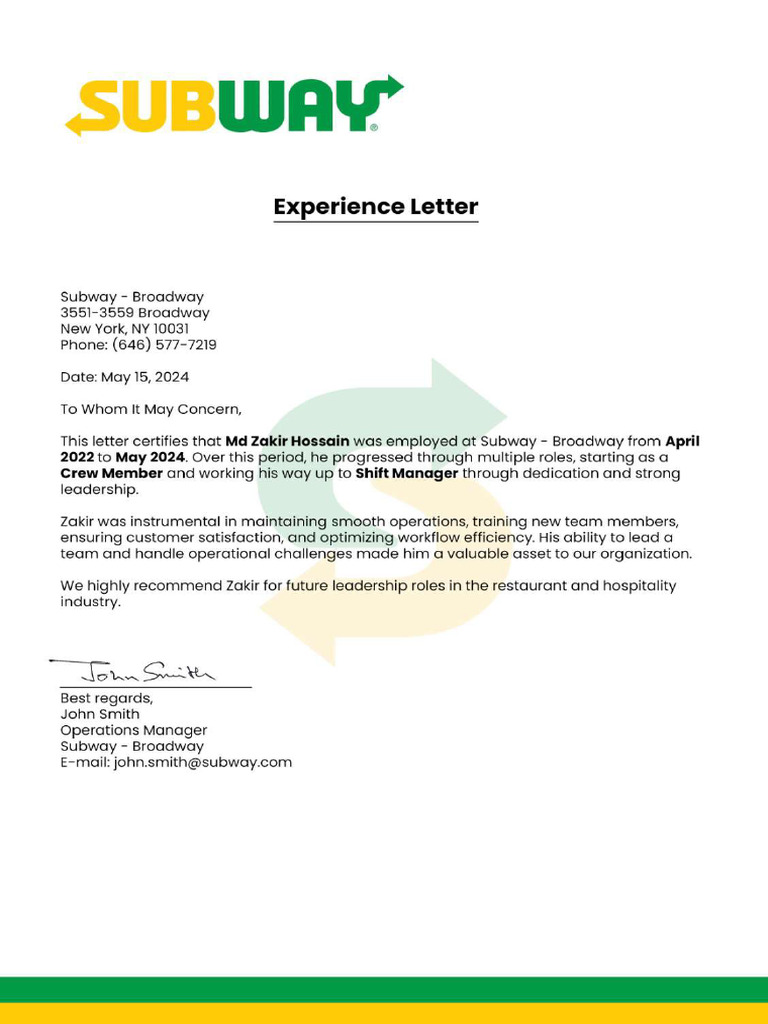Subway Exp Letter | PDF