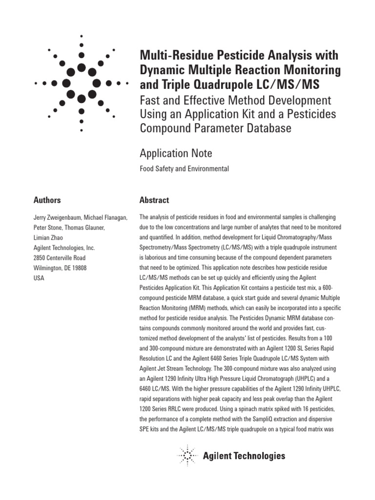 Agilent Multi Residue Pesticide Analysis With Dynamic Multiple Reaction Monitoring Triple ...