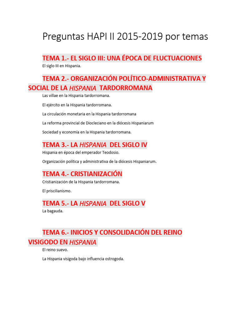 Preguntas HAPI II 2015-2019 por temas | PDF
