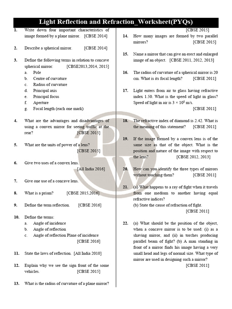 Worksheet - Light Reflection and Refraction - Rohit Sir | PDF | Optics ...