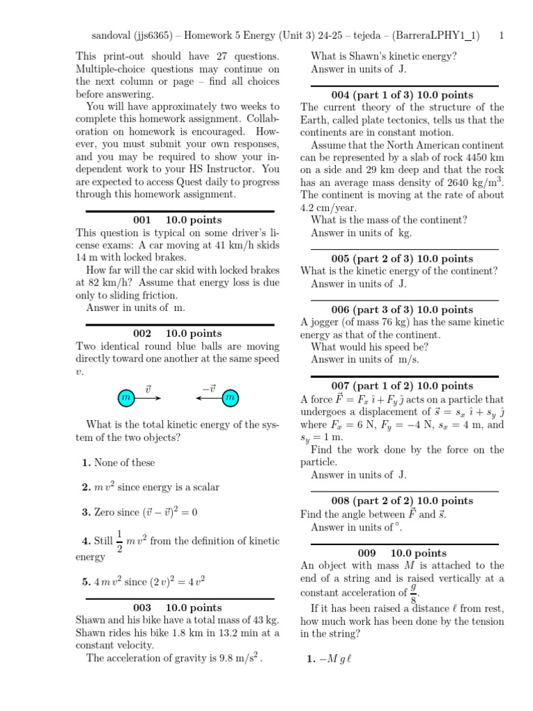 Homework 5 Energy (Unit 3) 24-25-Problems | PDF | Force | Nature
