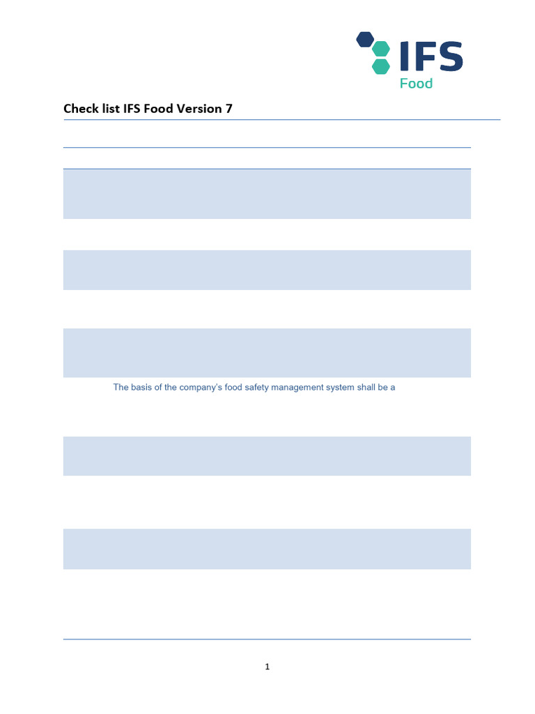 QA-FSC CL 001 Check List IFS Food Version 7 V1 | PDF | Food Safety ...