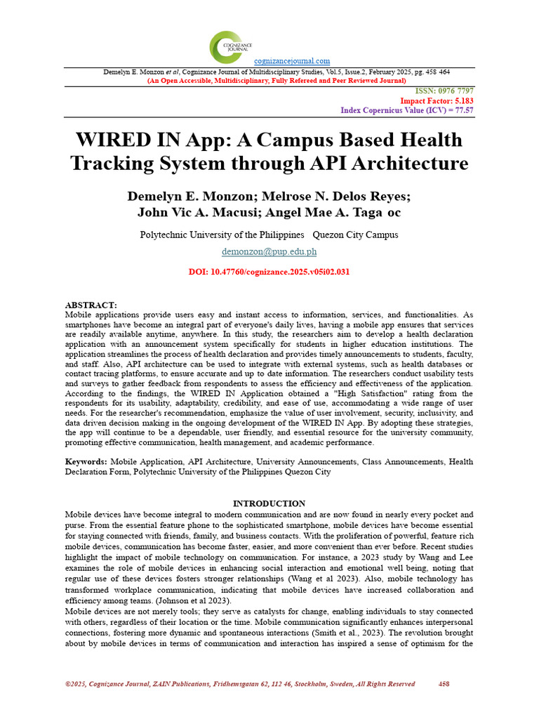 WIRED IN App: A Campus Based Health Tracking System Through API Architecture | PDF | Usability ...