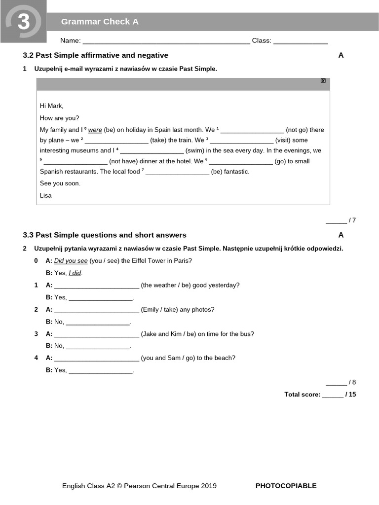 EC - A2 - Tests - Grammar Check 3A | PDF