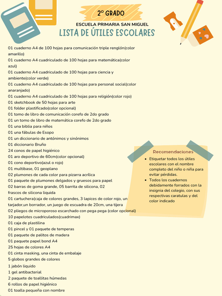 Lista de Útiles Escolares Ilustrado Amarillo y Verde | PDF
