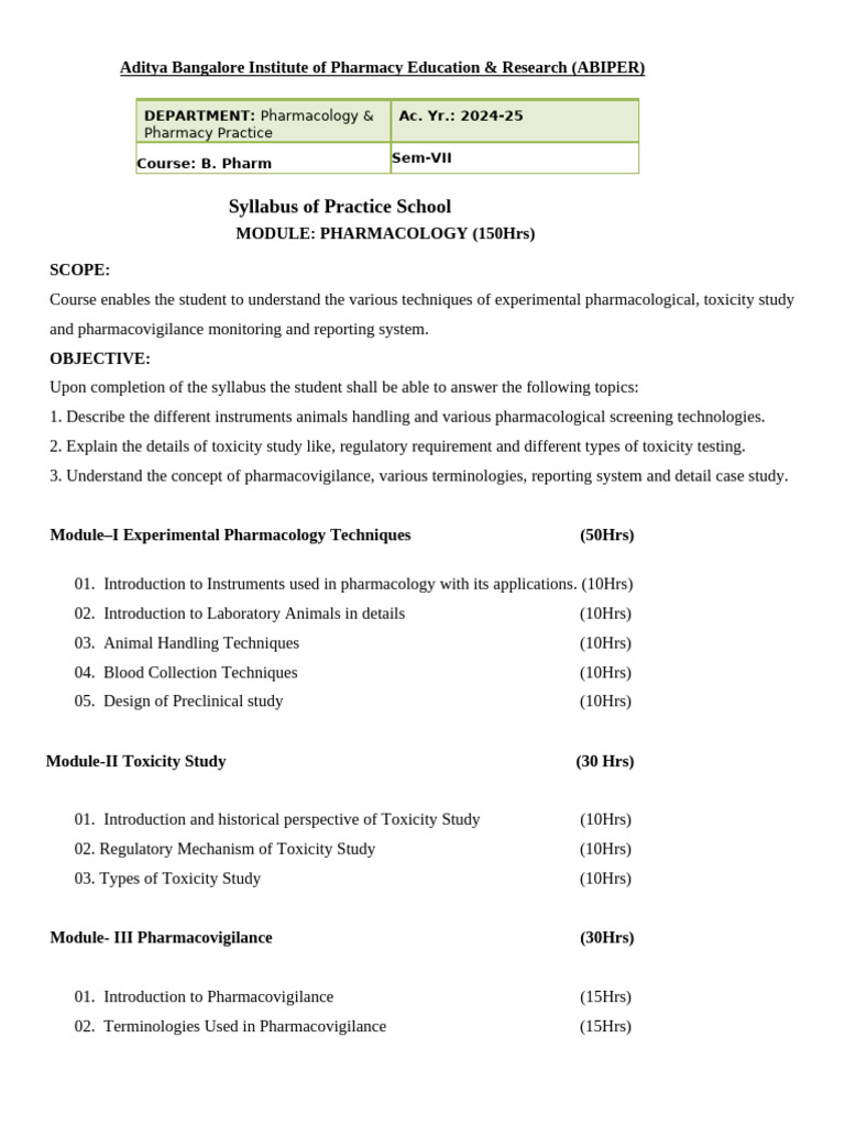 Pharmacology Practice School Syllabus | PDF | Pharmacovigilance ...