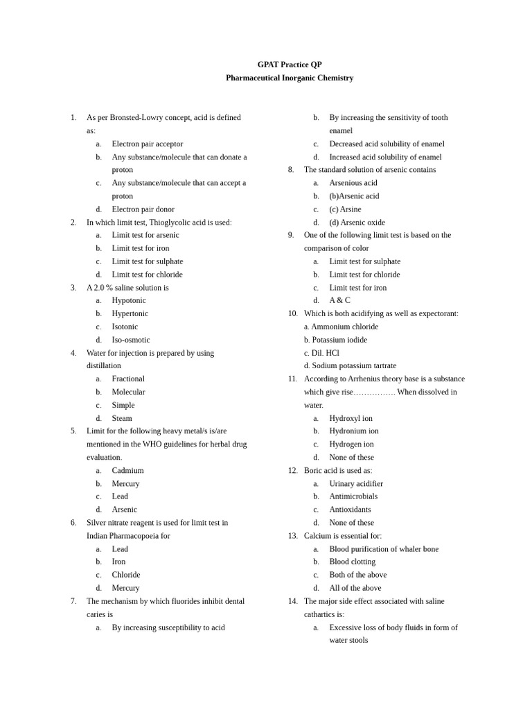 GPAT PIC Practice QP-Updated | PDF | Acid | Precipitation (Chemistry)